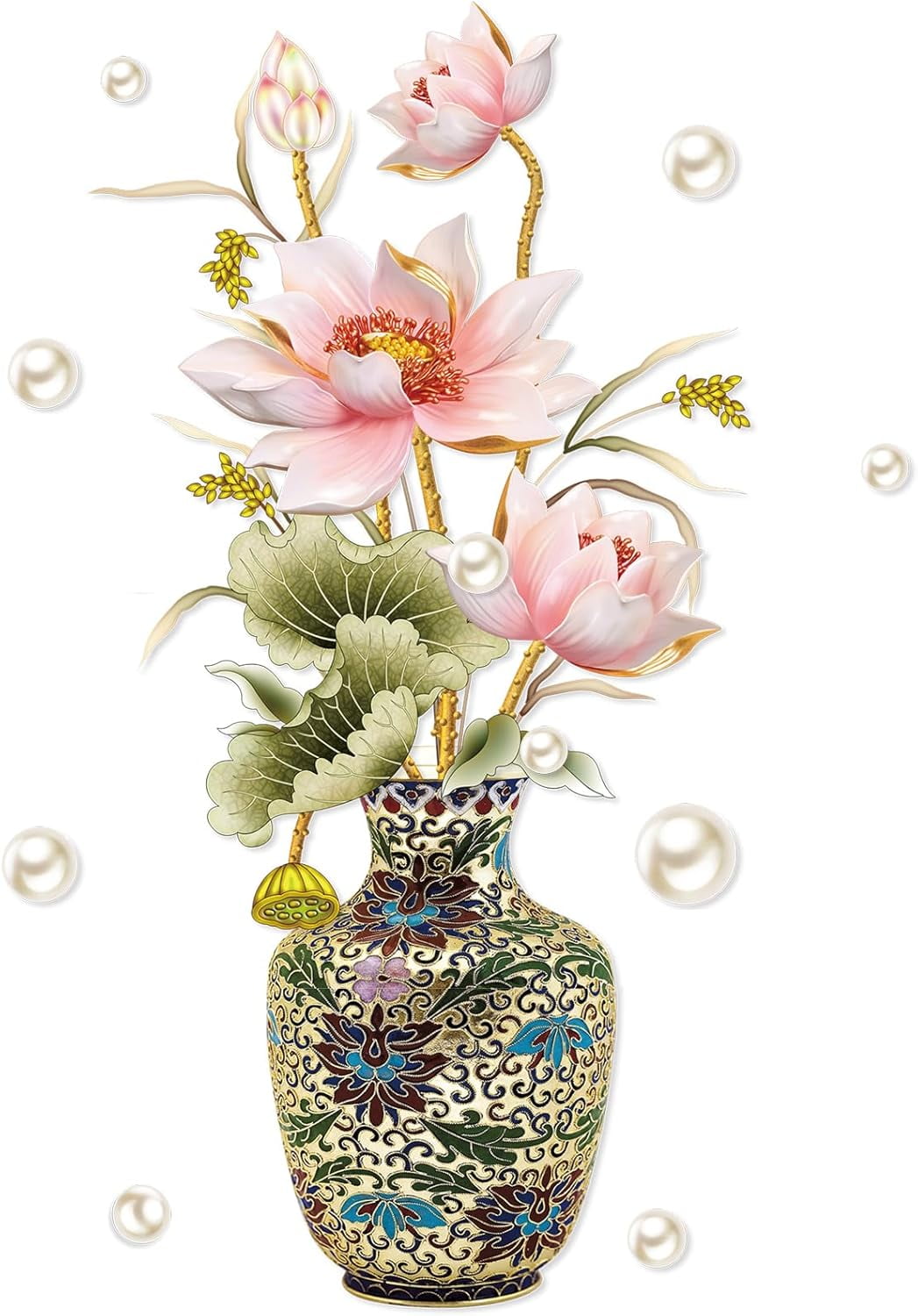 Chinese Style Lotus Flower Vase Wall Sticker, 24"x47" Classical Lotus ...