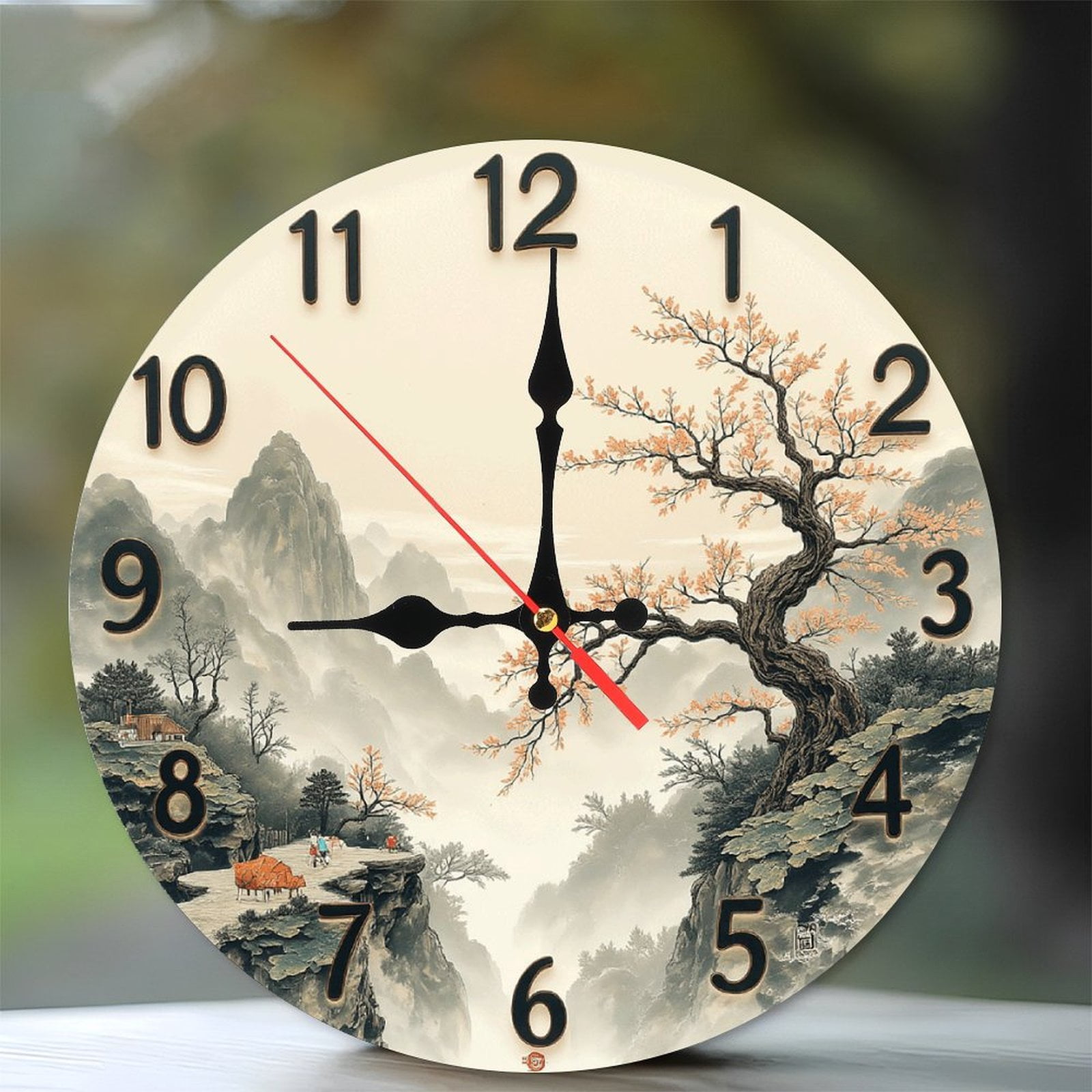 Chinese Style Mountain Landscape Wall Clock 10-Inch Silent Wooden Wall ...