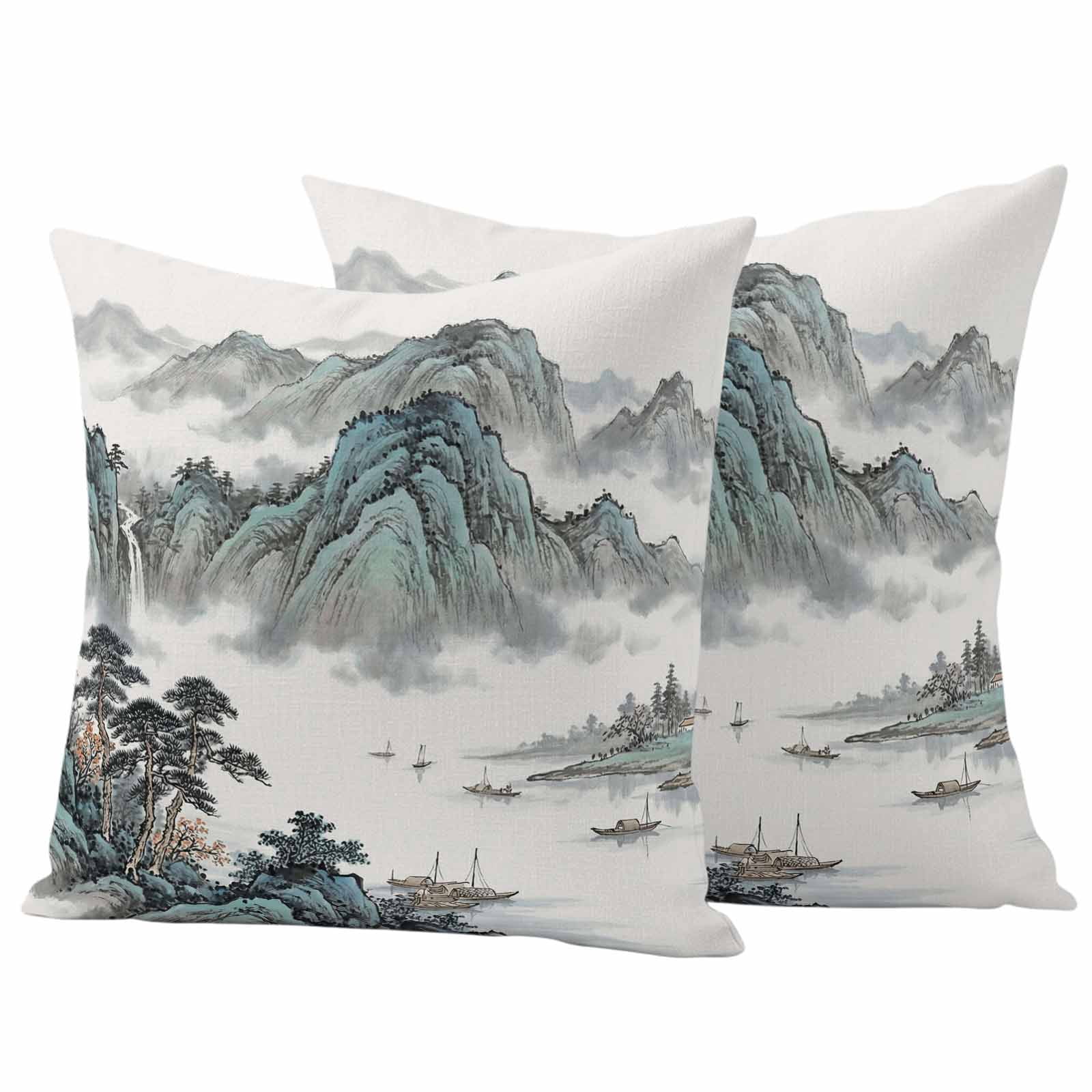 Chinese Style Outdoor Pillow Covers Set of 2 Traditional Ink Painting ...
