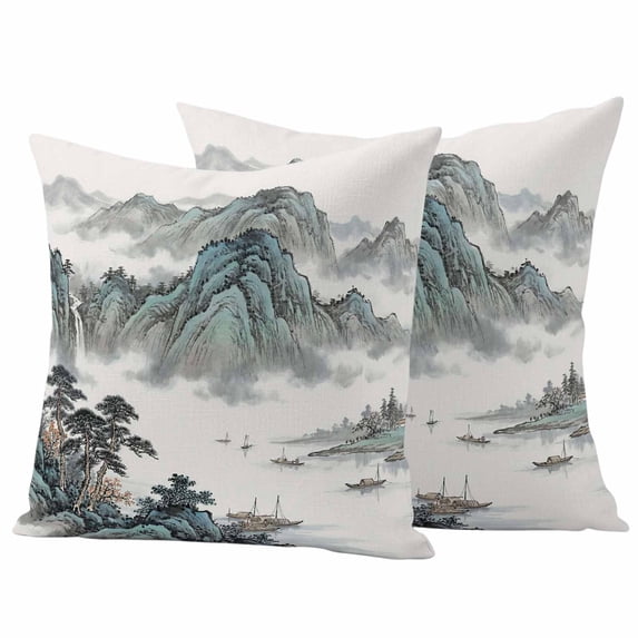 Chinese Style Outdoor Pillow Covers Set of 2 Traditional Ink Painting ...