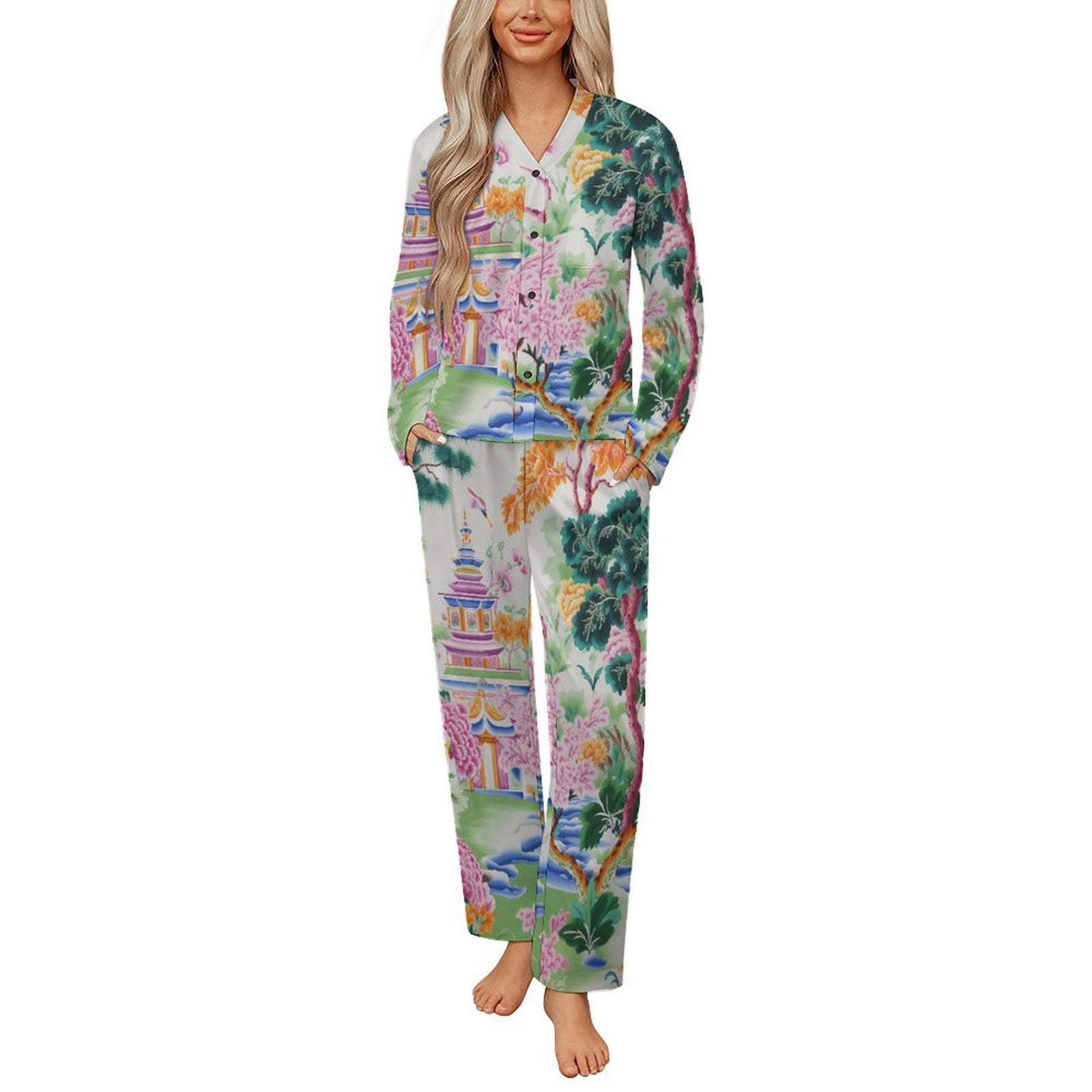 Chinese Style Pattern Color Womens Pyjamas Set Button Up Pyjamas Womens ...