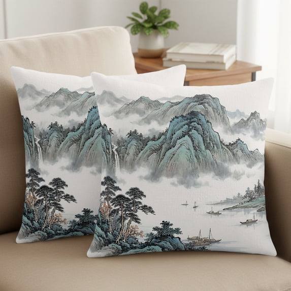 Chinese Style Pillow Covers Set of 2, Traditional Ink Painting Tree ...