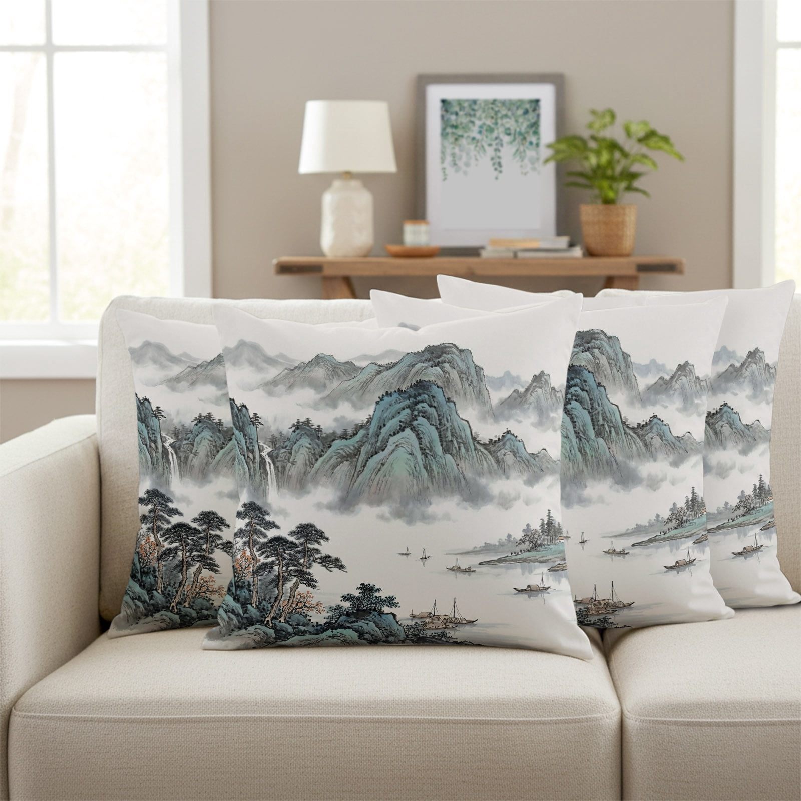 Chinese Style Pillow Covers Set of 4, Traditional Ink Painting Tree ...