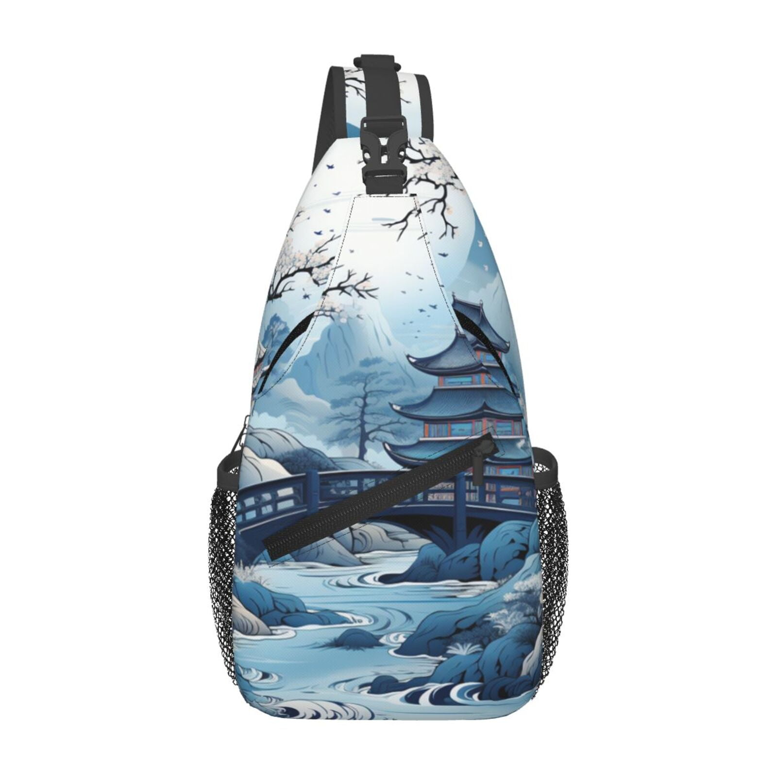 Chinese Style Powder Chinoiserie Toile Blue Sling Backpack Shoulder ...