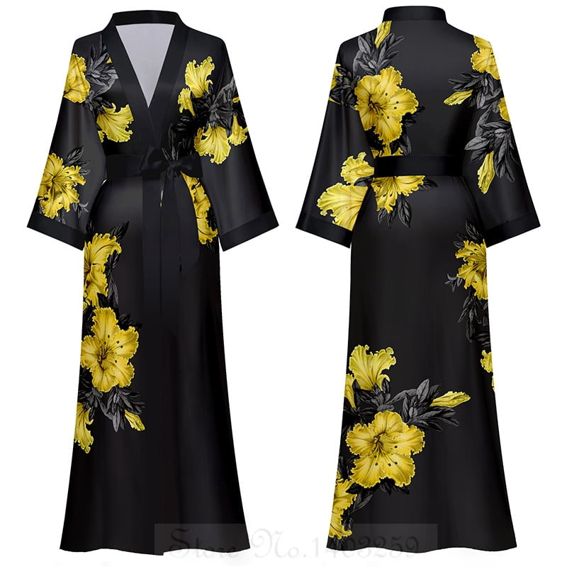 Chinese Style Print Women Long Robe Nightgown Retro Satin Sleepwear ...