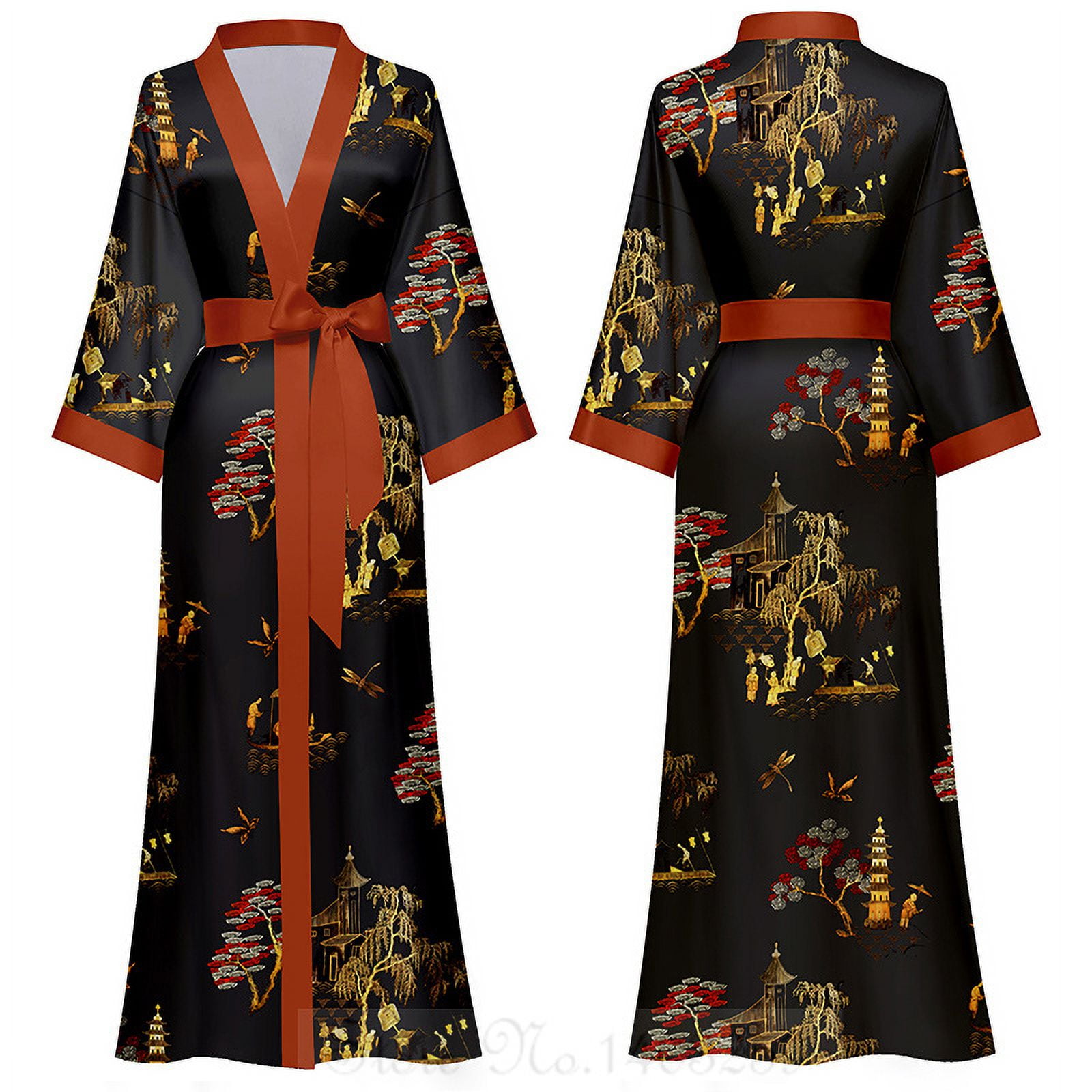 Chinese Style Print Women Long Robe Nightgown Retro Satin Sleepwear ...