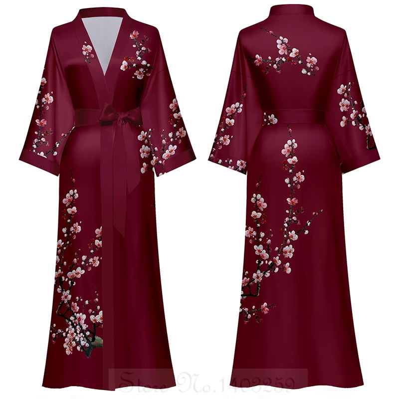 Chinese Style Print Women Long Robe Nightgown Retro Satin Sleepwear ...