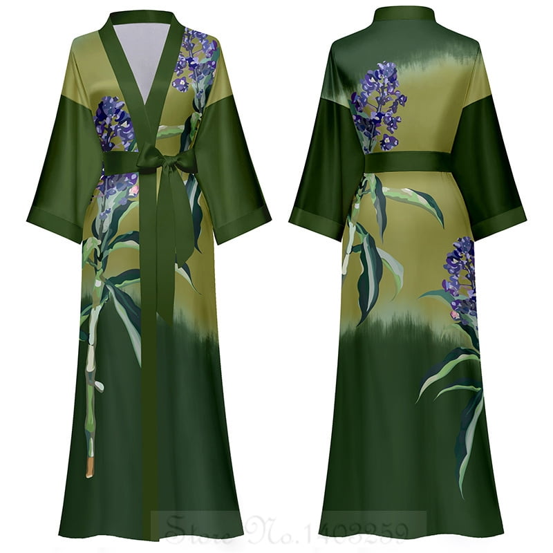 Chinese Style Print Women Long Robe Nightgown Retro Satin Sleepwear ...