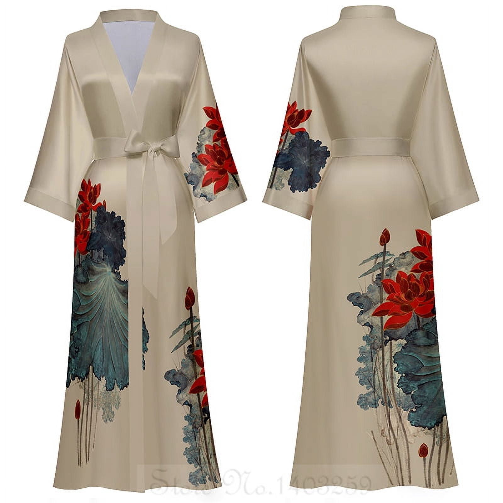 Chinese Style Print Women Long Robe Nightgown Retro Satin Sleepwear ...