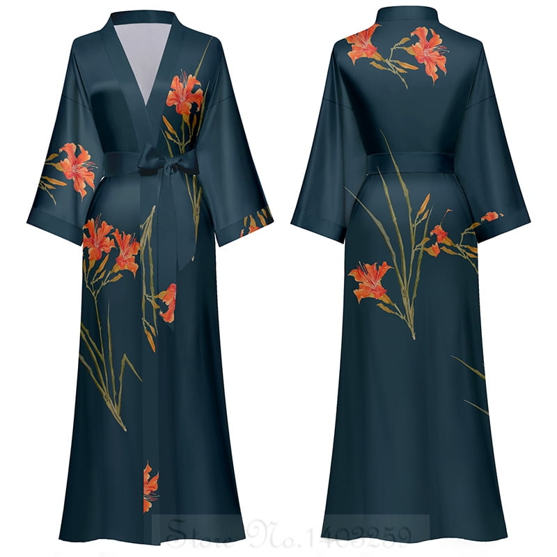 Chinese Style Print Women Long Robe Nightgown Retro Satin Sleepwear ...