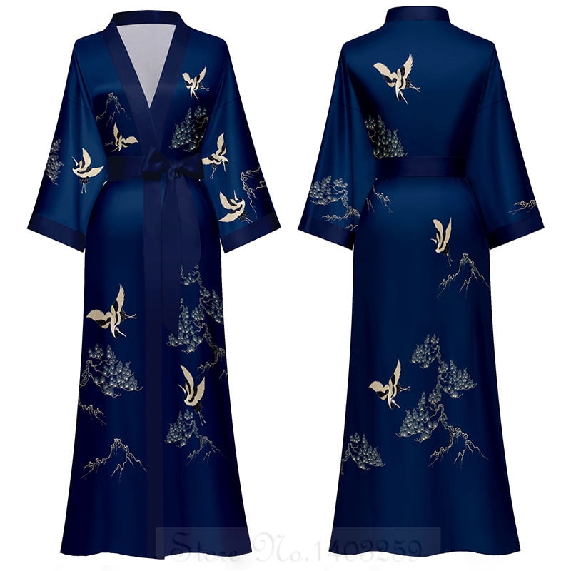 Chinese Style Print Women Long Robe Nightgown Retro Satin Sleepwear ...
