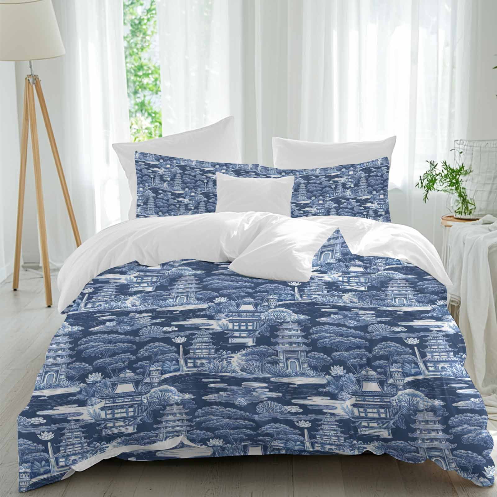 Chinese Style Queen Duvet Cover Set, Blue Garden Plant River Retro ...