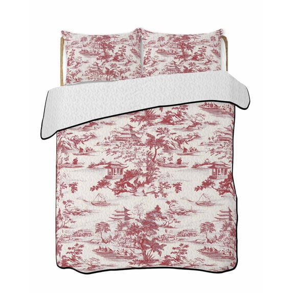Chinese Style Quilts Bedding Set California King Red Garden Plant ...