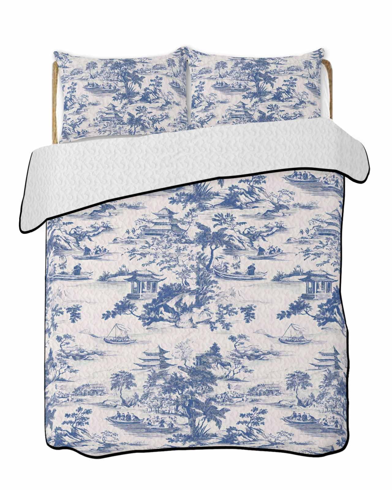 Chinese Style Quilts Bedding Set King Size Blue Garden Plant Mountain ...