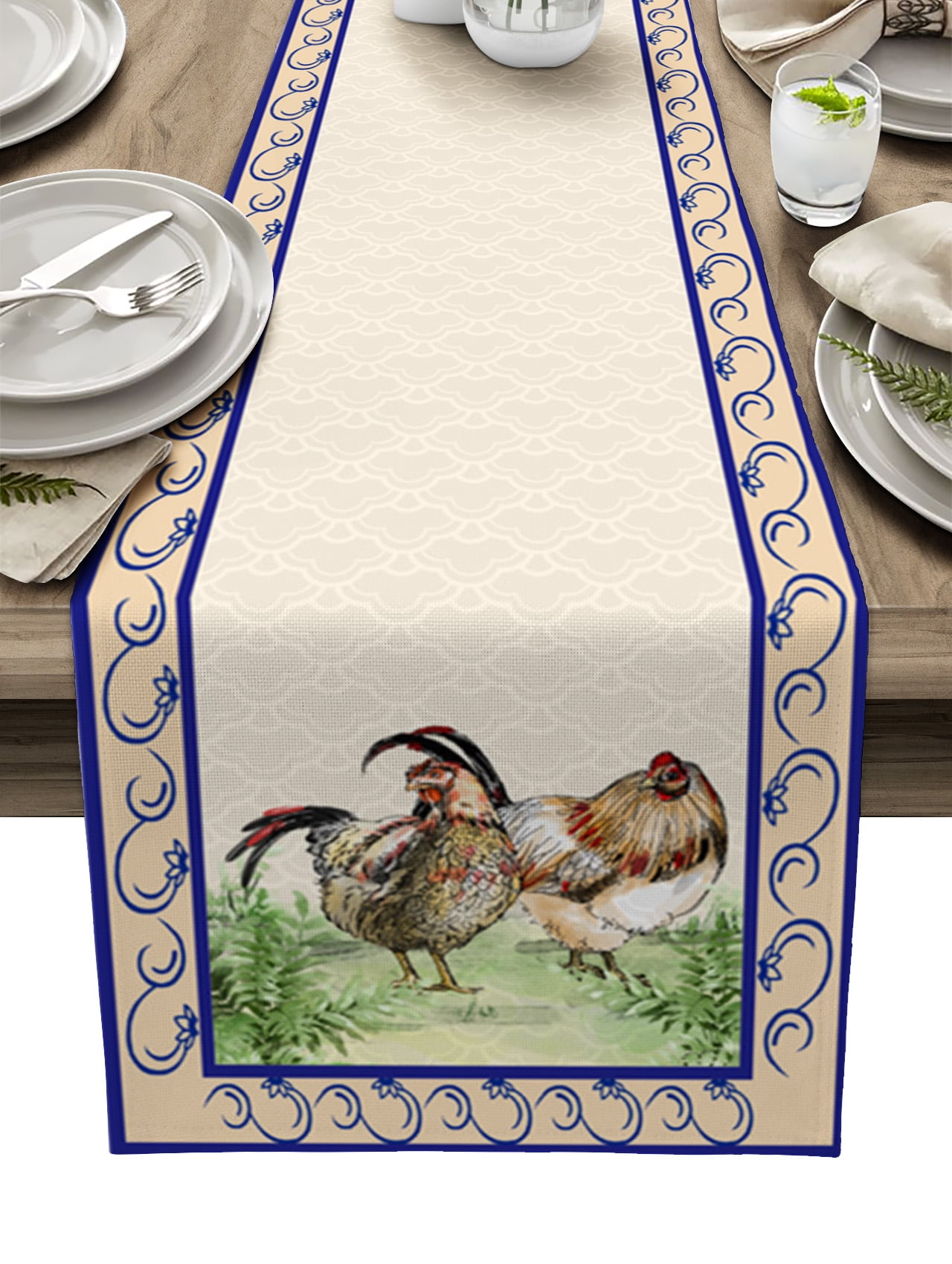 Chinese Style Rooster Table Runner 72 Inches, Green Plant Farm Courty ...