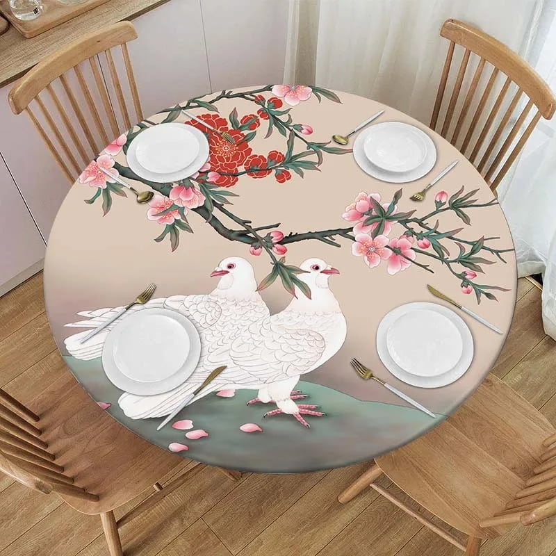 Chinese Style Round Fitted Tablecloth Ink Painting Classical Art ...