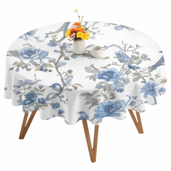 Chinese Style Round Tablecloth 54 inches Blue Flowers and Birds Figure ...