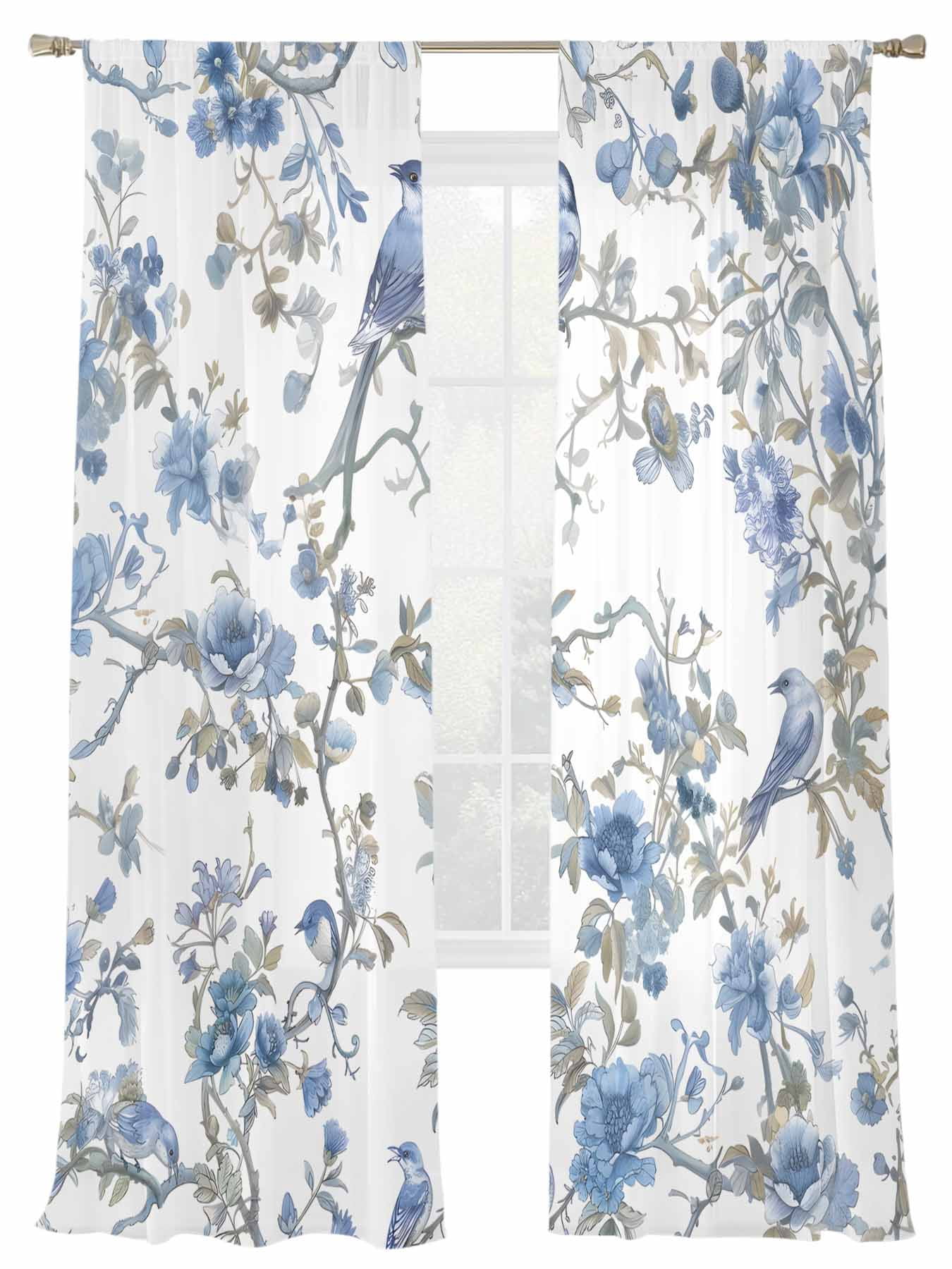 Chinese Style Sheer Curtains 108 Inch Long 2 Panels, Blue Flowers and ...