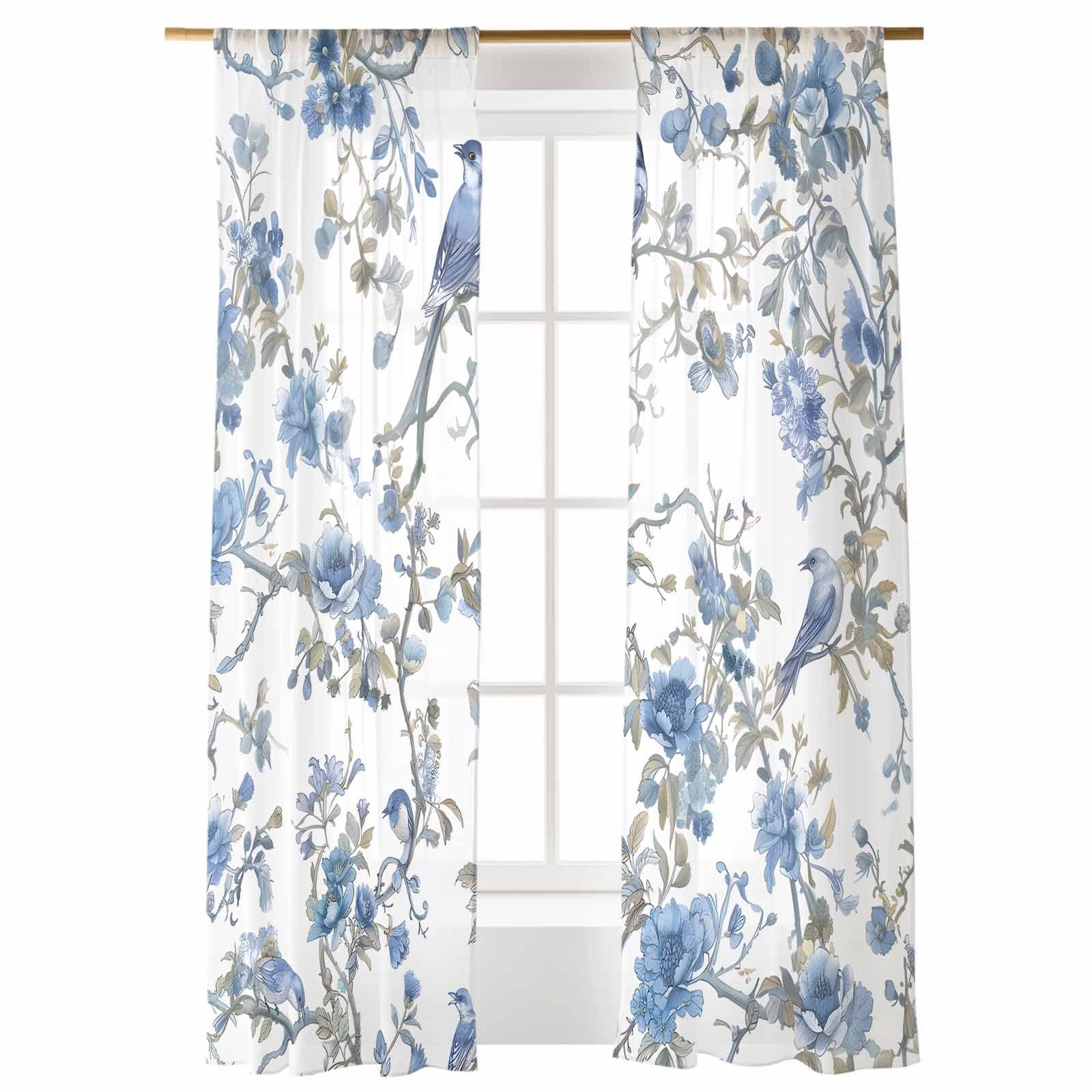 Chinese Style Sheer Curtains 108 inches Long 2 Panels Set Blue Flowers ...