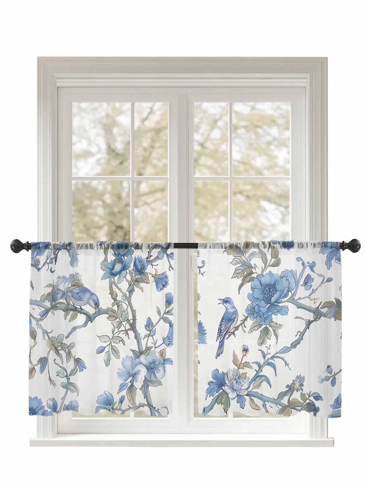 Chinese Style Sheer Curtains 2 Panels Set Blue Flowers and Birds Figure ...
