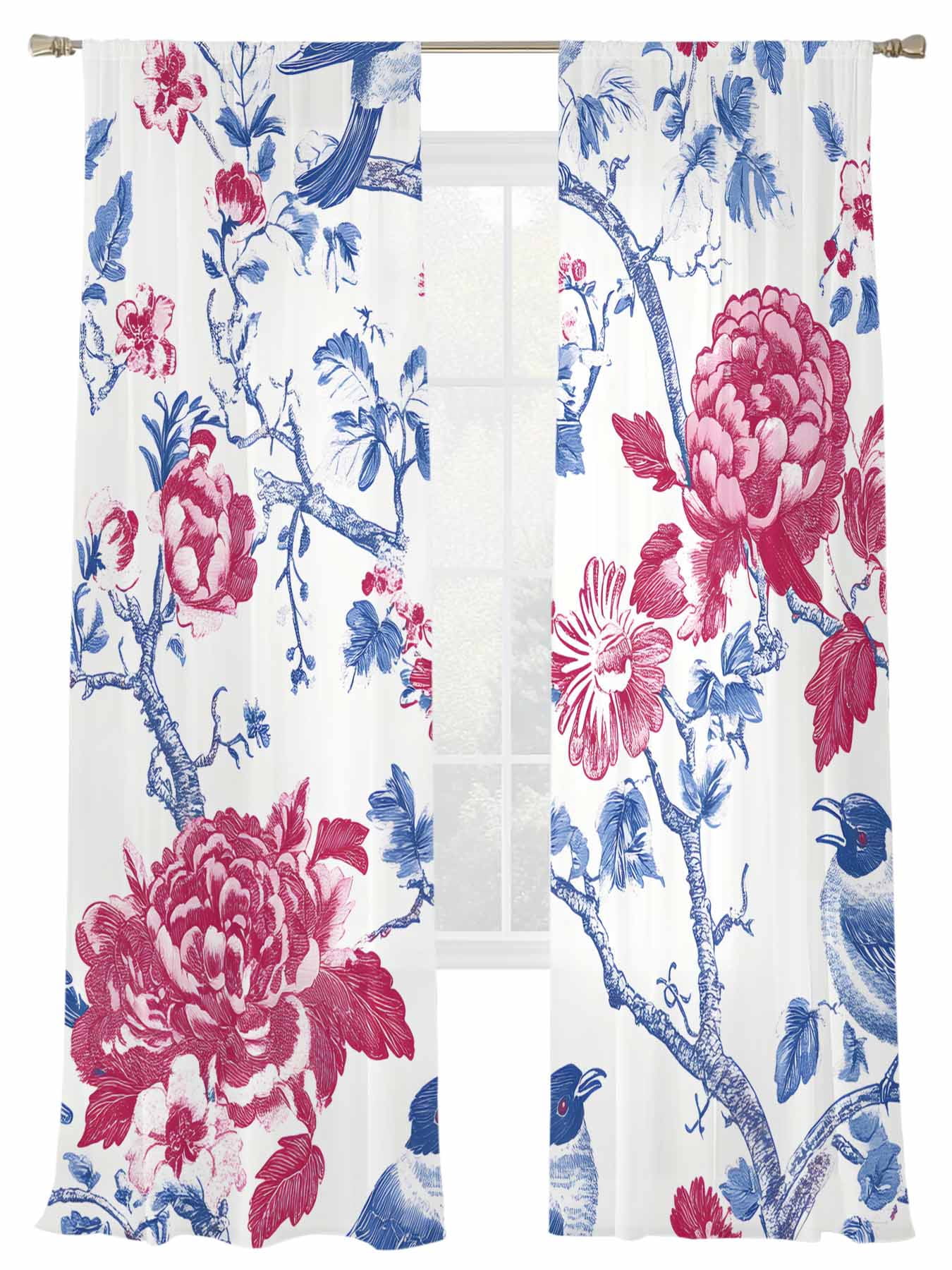 Chinese Style Sheer Curtains 2 Panels Set Watercolor Tree Branch With ...