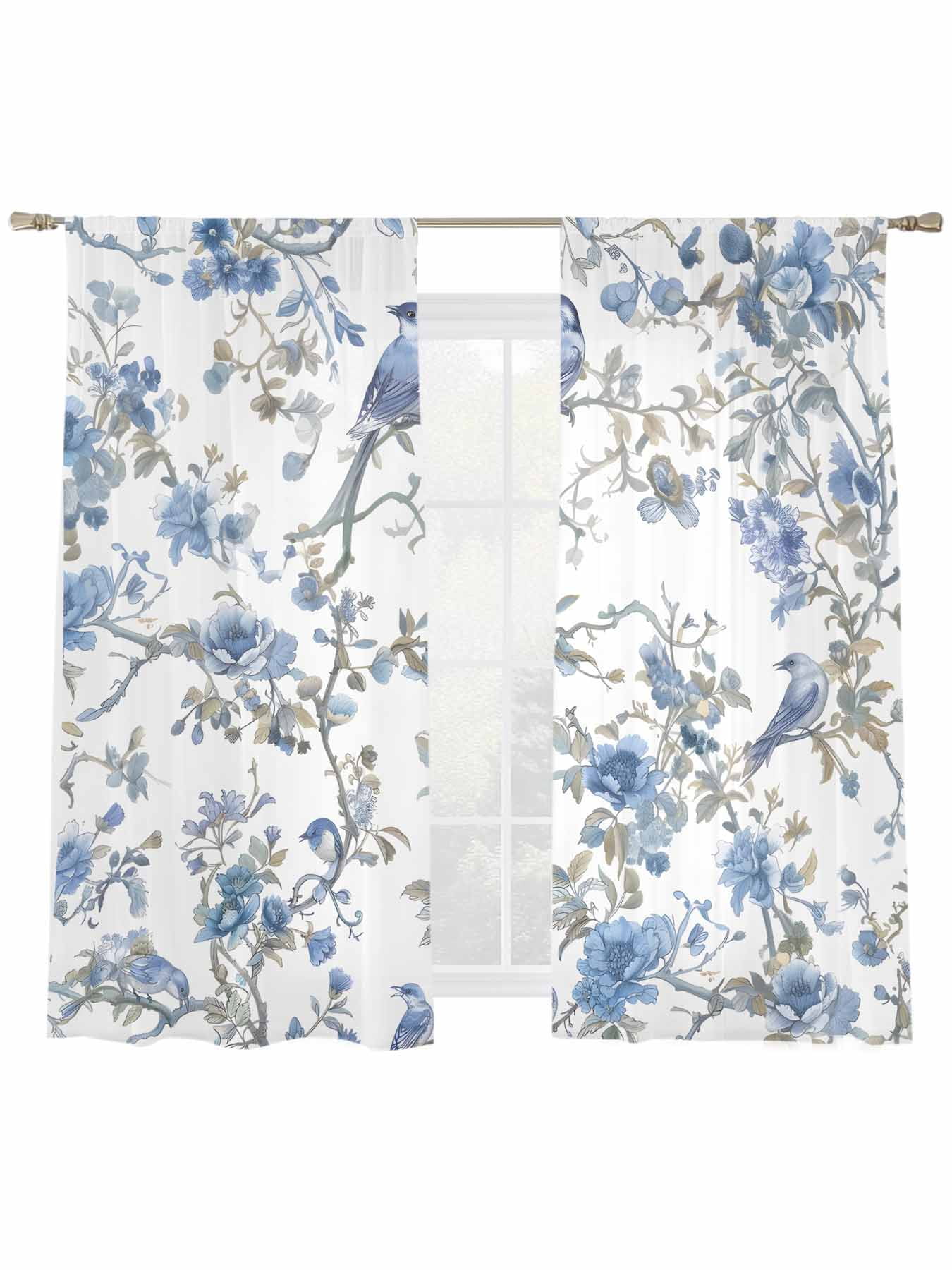 Chinese Style Sheer Curtains 63 Inch Long 2 Panels, Blue Flowers and ...