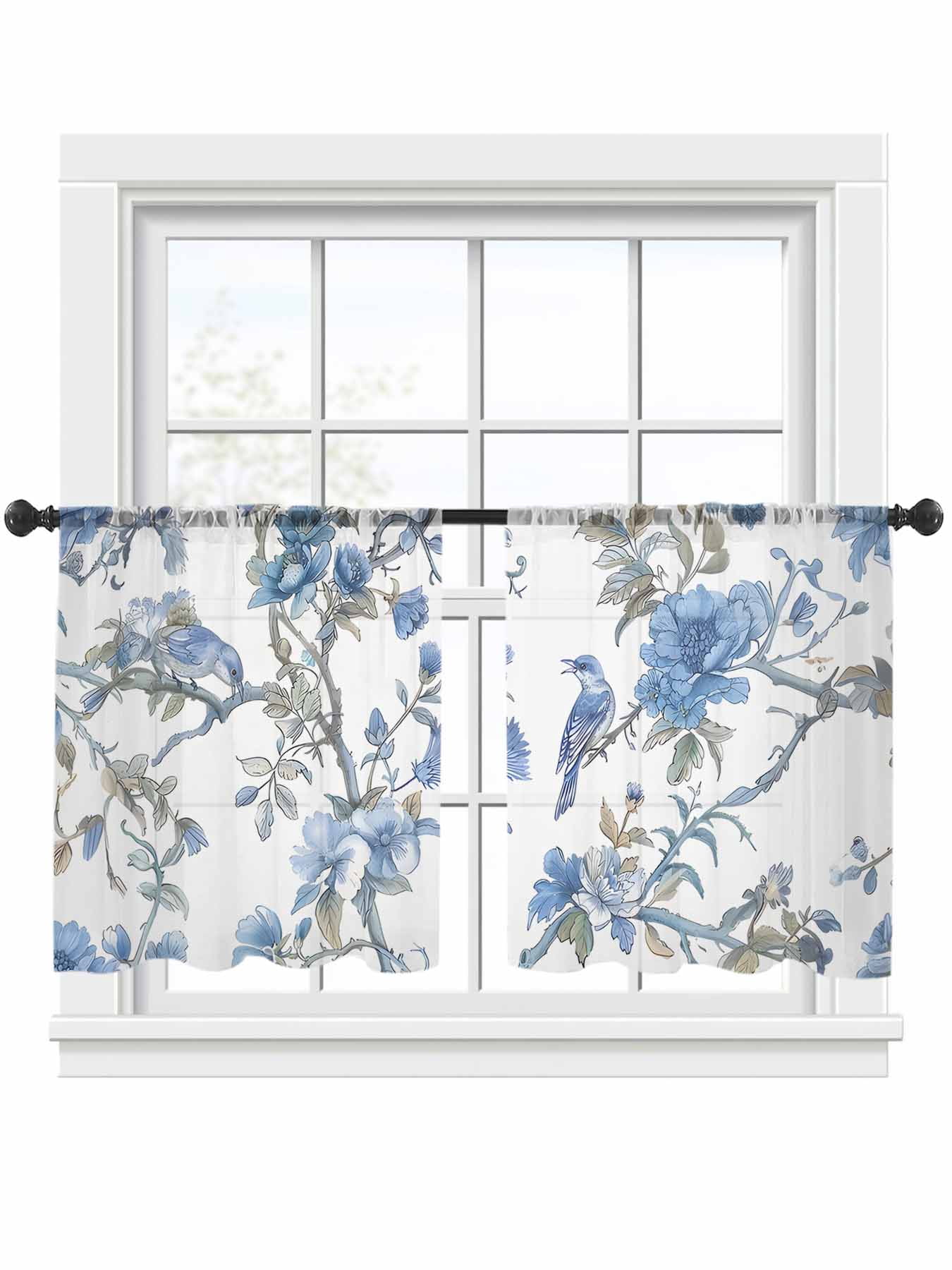 Chinese Style Sheer Curtains for Living Room Bedroom, Blue Flowers and ...