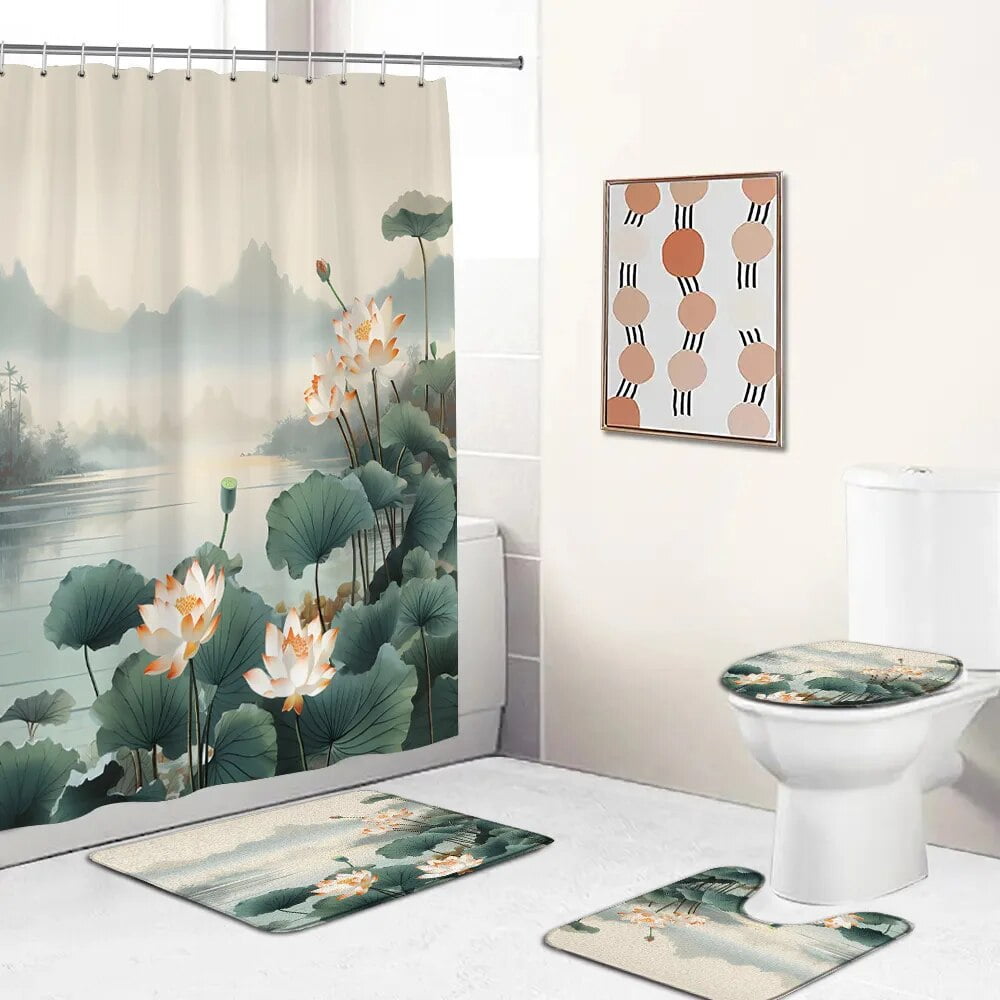 Chinese Style Shower Curtains Lotus Koi Bamboo Chinese Ink Painting ...