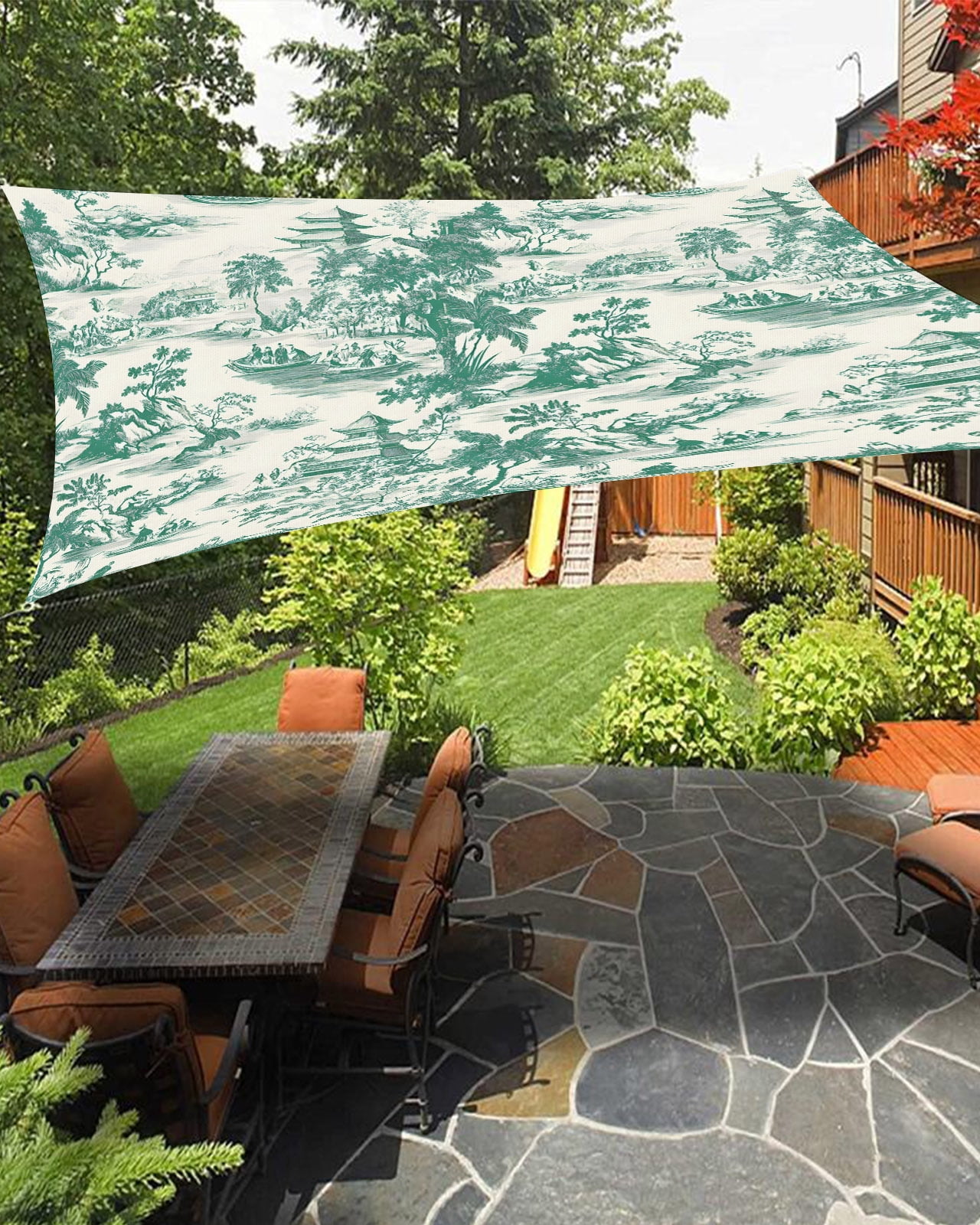 Chinese Style Sun Shade Sail 8'X10' Green Garden Plant Mountain River ...