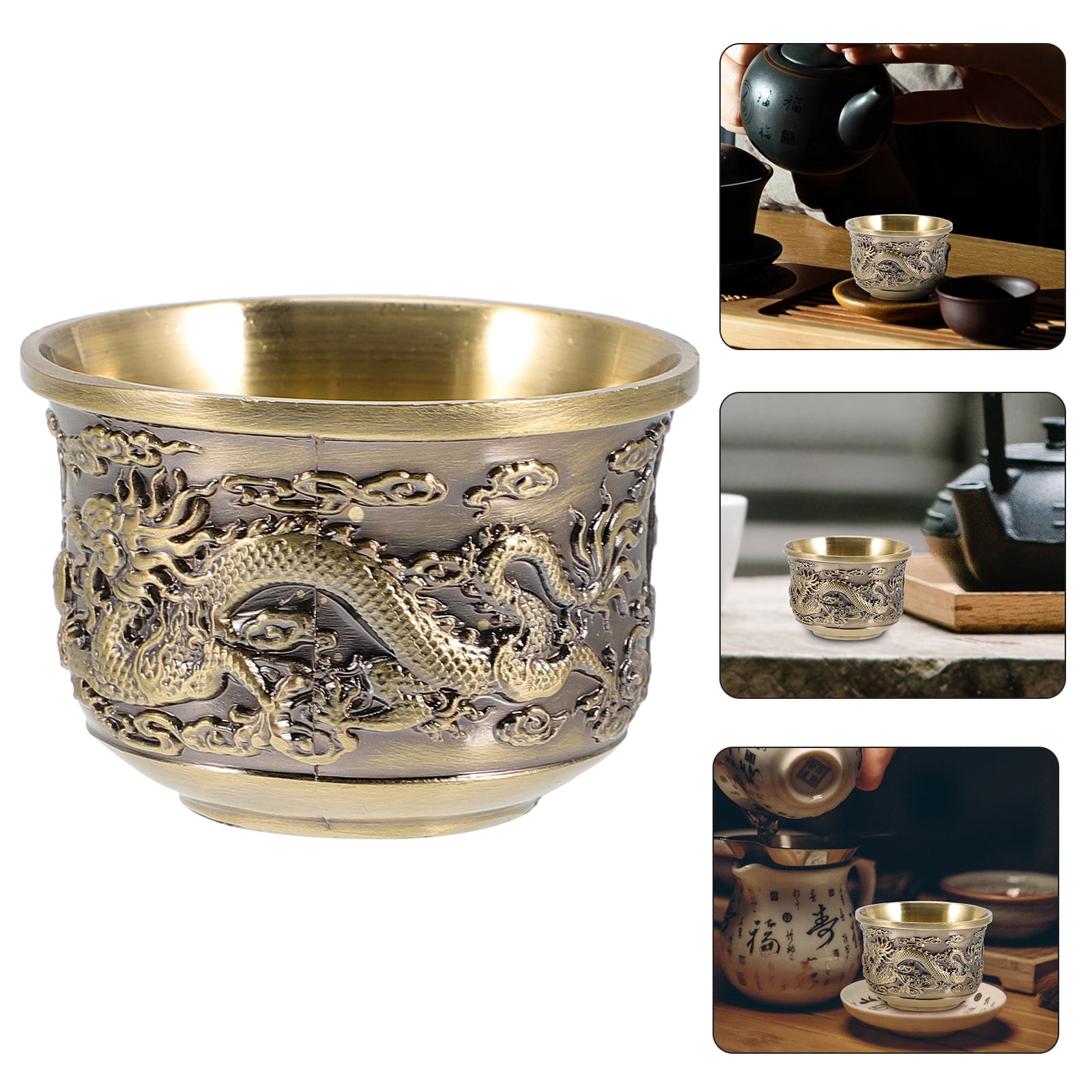 SEWCHICS Chinese Style Retro Metal Tea Cup Golden Alloy Small Portable ...