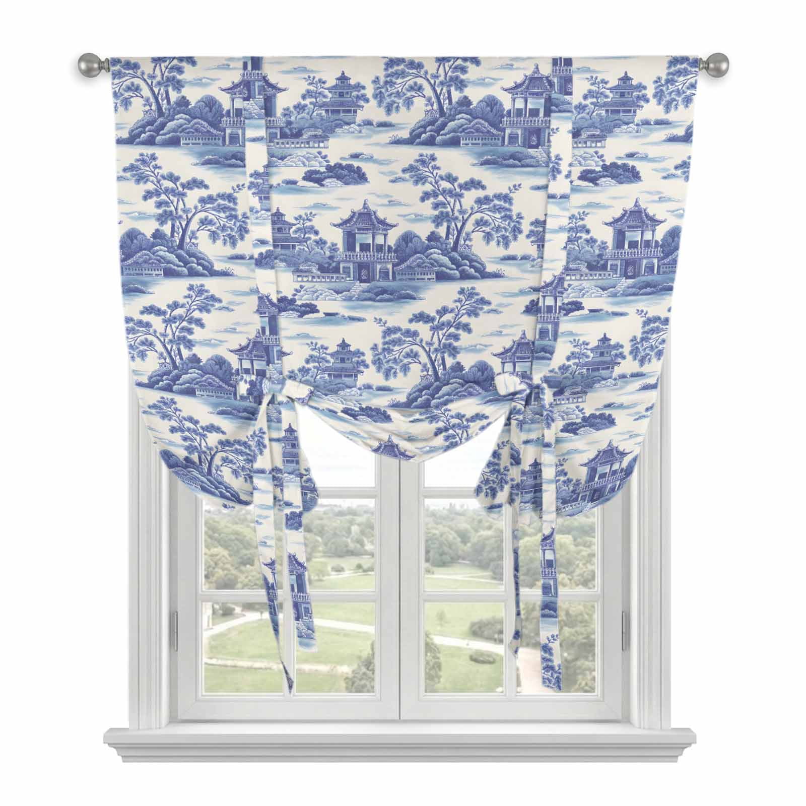 Chinese Style Tie Up Curtain for Window, Blue Retro Garden Plant River ...