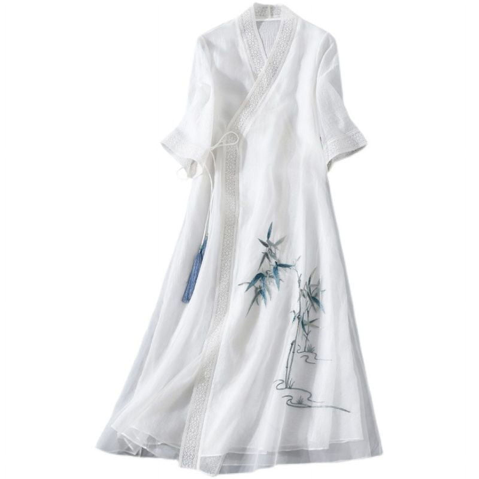 Chinese Style V-neck Qipao Dress Printed High Waist Loose Hanfu Dress ...