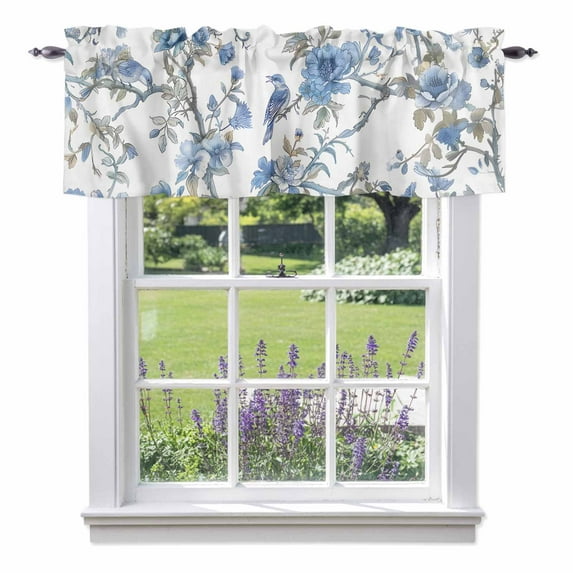 Chinese Style Valances for Windows, Blue Flowers and Birds Figure ...