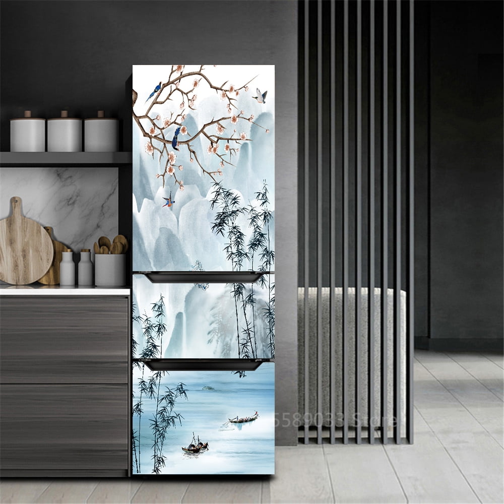 Chinese Style Vinyl Ink Painting Fridge Cover Sticker Landscape Flower ...