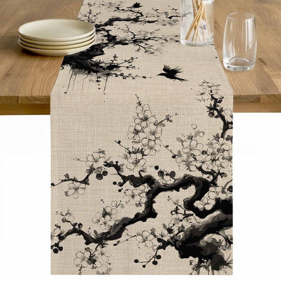 Chinese Table Runner - 48 Inch Long Black White Tree Flowers ...