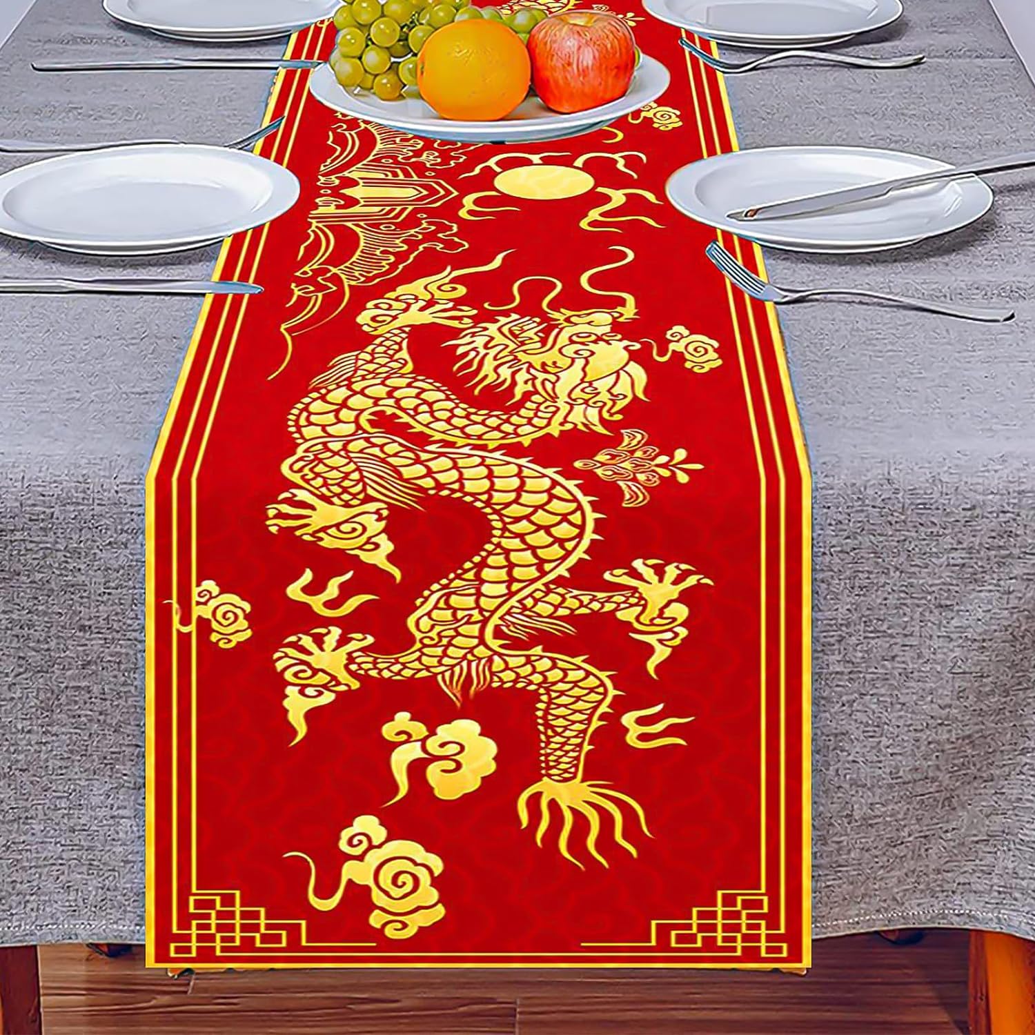 Chinese Table Runner for 2024 Lunar New Year - Dragon Design - Red ...