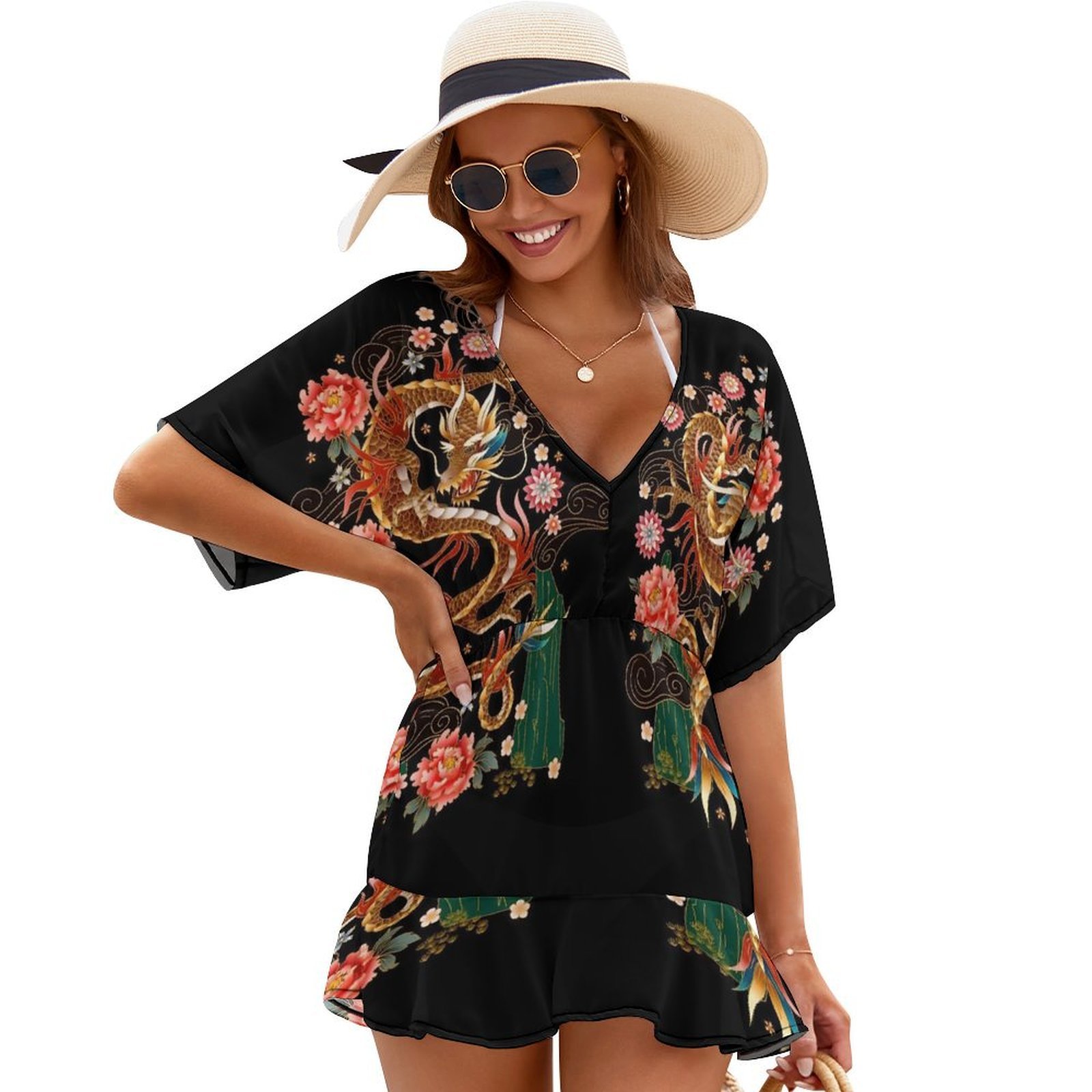 Chinese Traditional Dragons Beach Cover Ups Women V Neck Short Sleeve ...