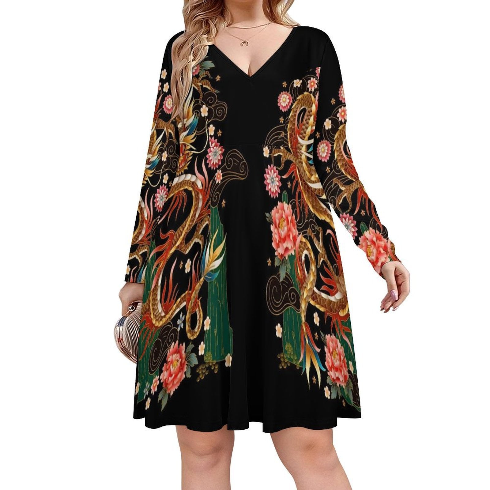 Chinese Traditional Dragons Long Sleeve Dresses For Women Vintage Elegant Party Dress Oversized ...