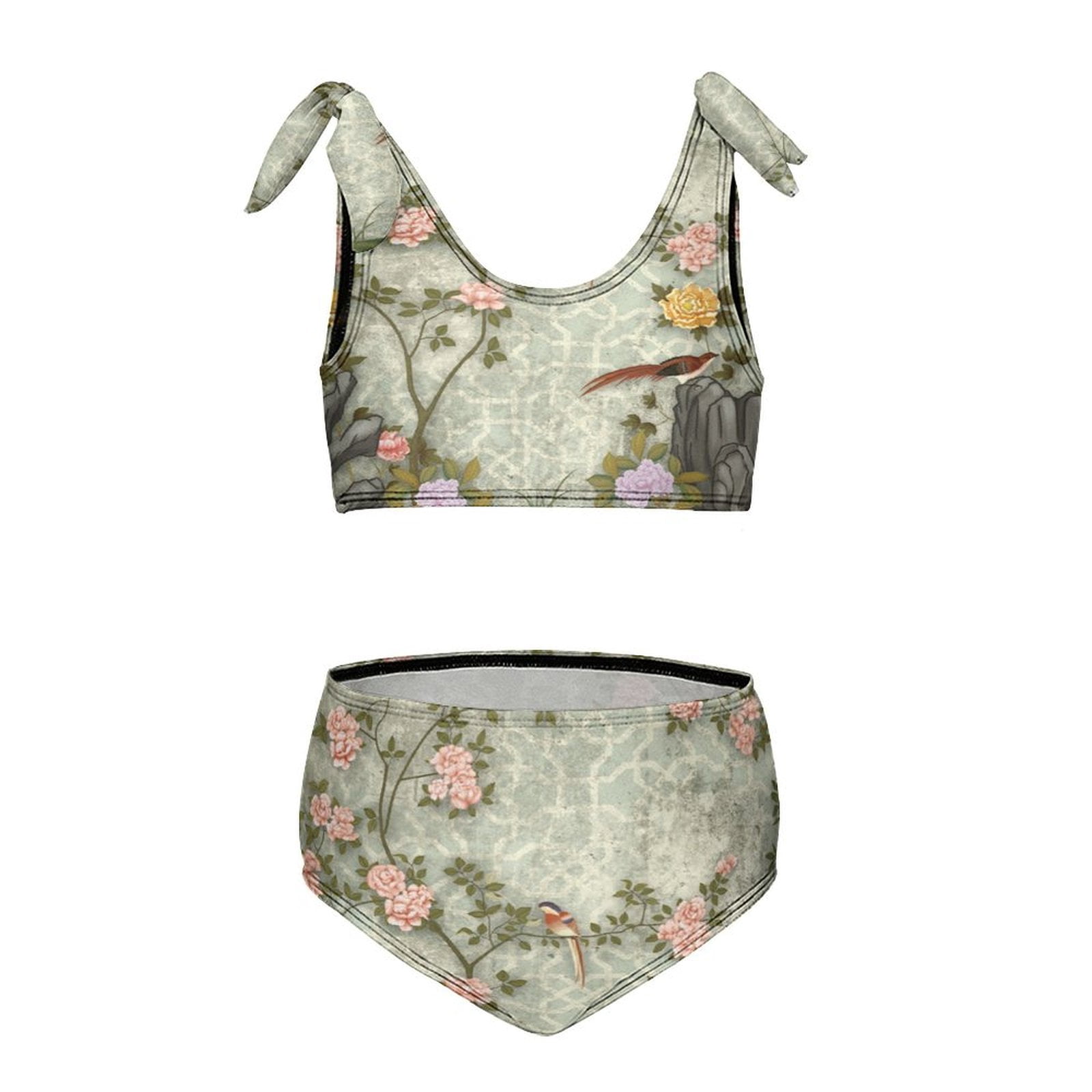 Chinese Traditional Flower Birds Girl's 2 Piece Bikini Set Beach Sport ...