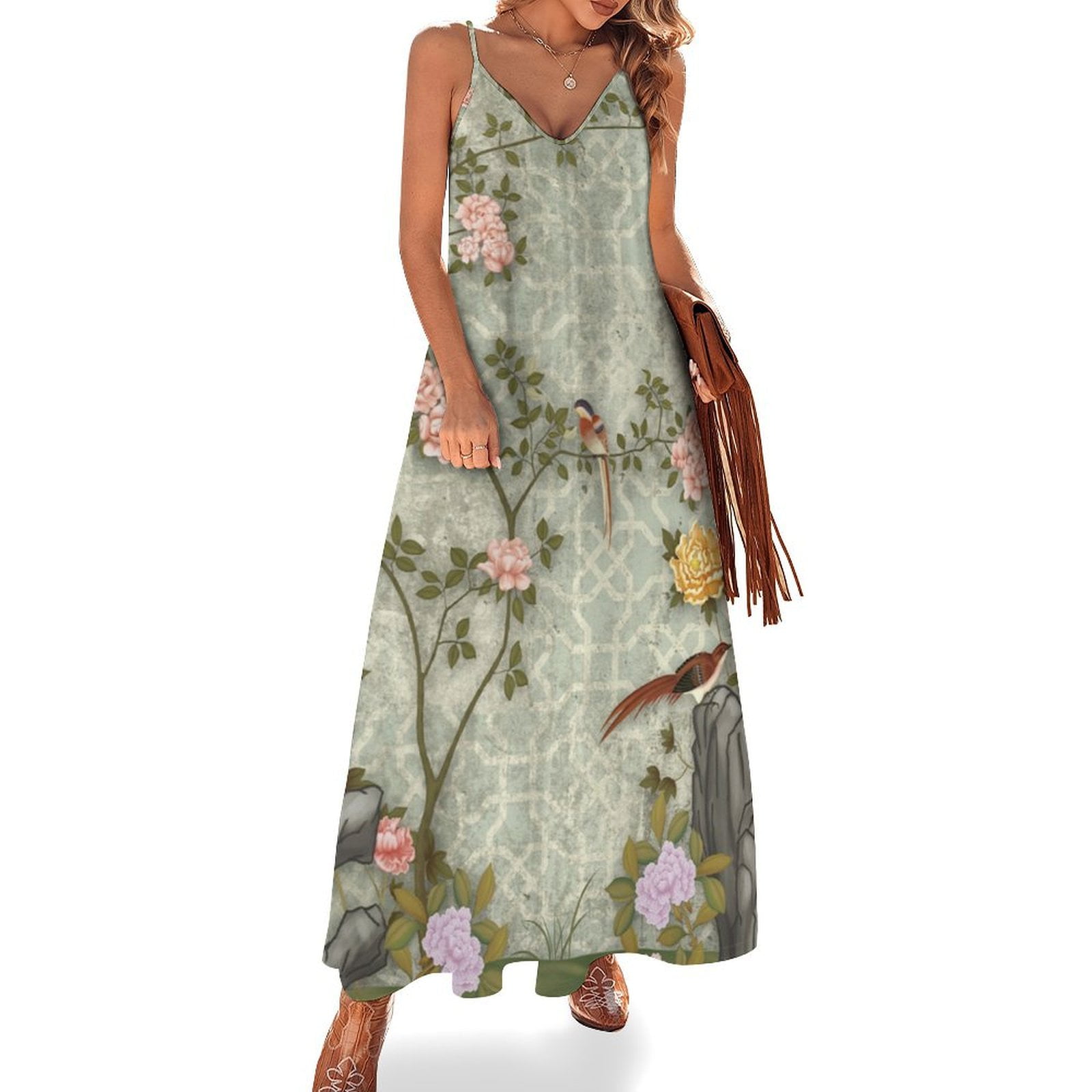 Chinese Traditional Flower Birds Sleeveless Suspender Dress Summer ...