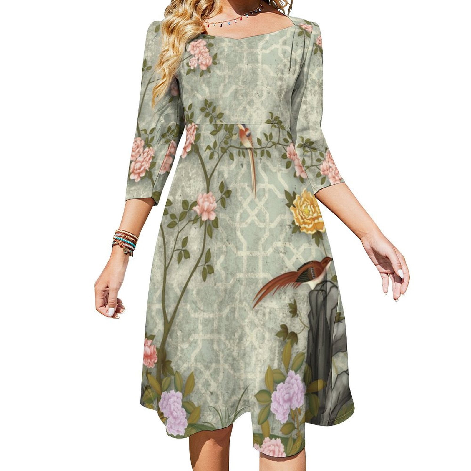 Chinese Traditional Flower Birds Sweetheart Knot Flared Dress Fashion ...