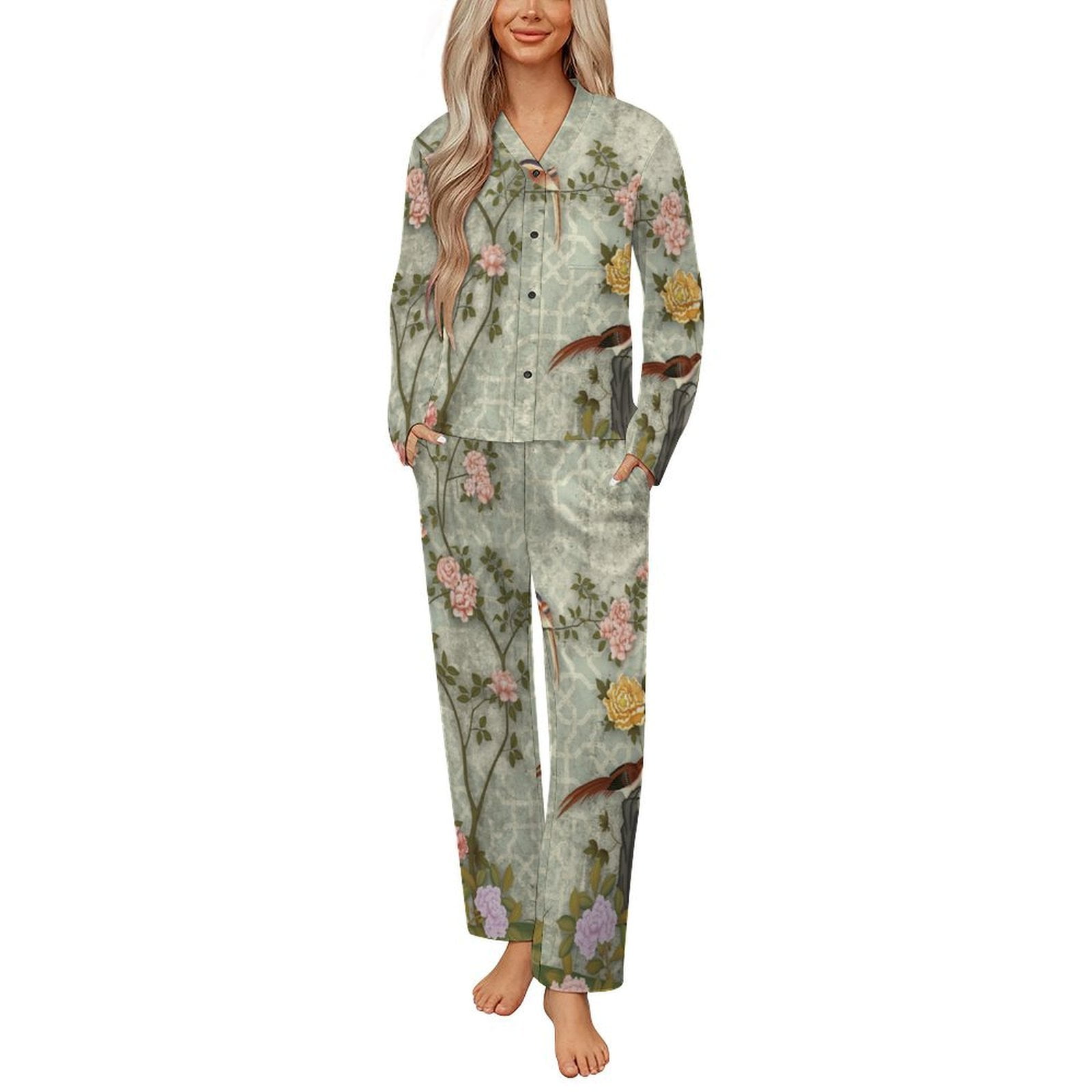 Chinese Traditional Flower Birds Womens Pyjamas Set Button Up Pyjamas ...