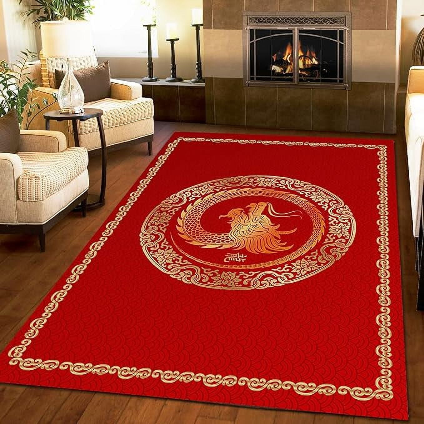 Chinese Traditional Golden Dragon Art Washable Rugs, Modern Festive Red ...