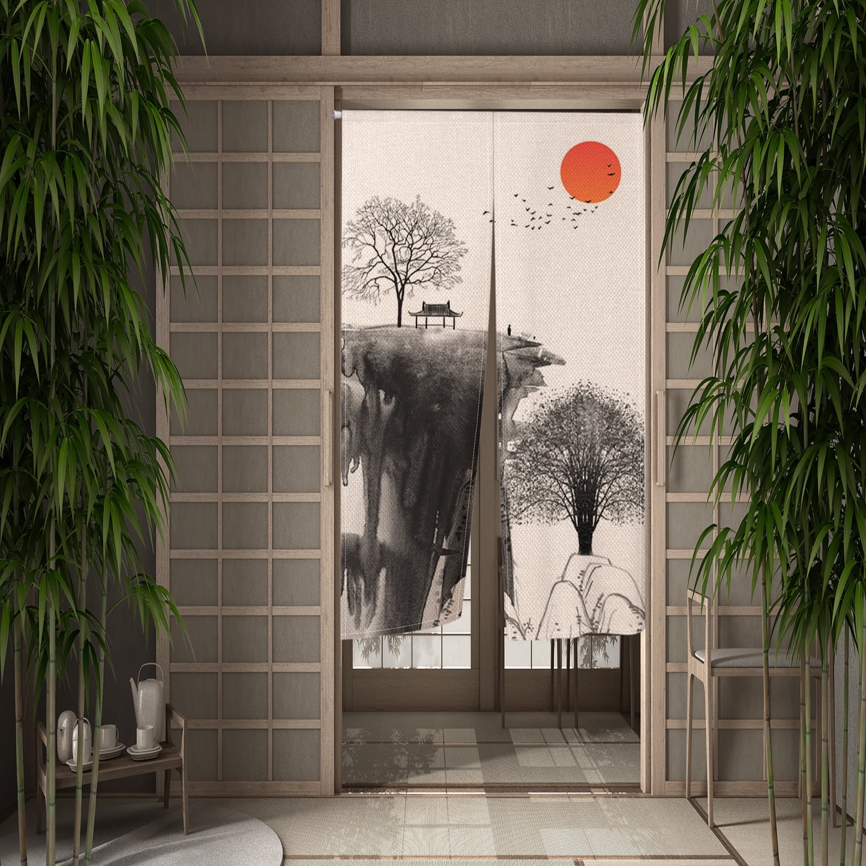 Chinese Traditional Ink Mountain Painting Door Curtain Kitchen Japanese ...