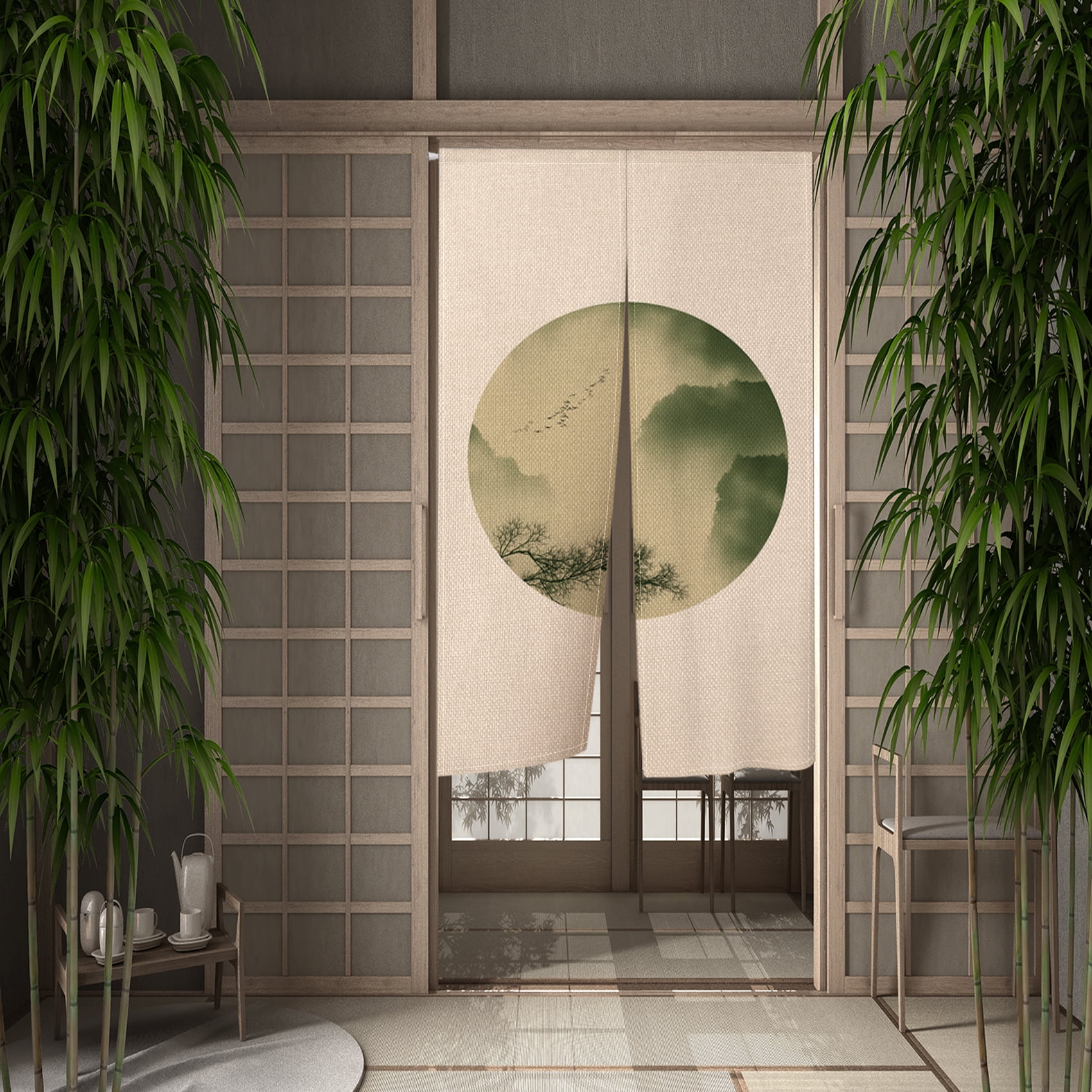 Chinese Traditional Ink Mountain Painting Door Curtain Kitchen Japanese ...