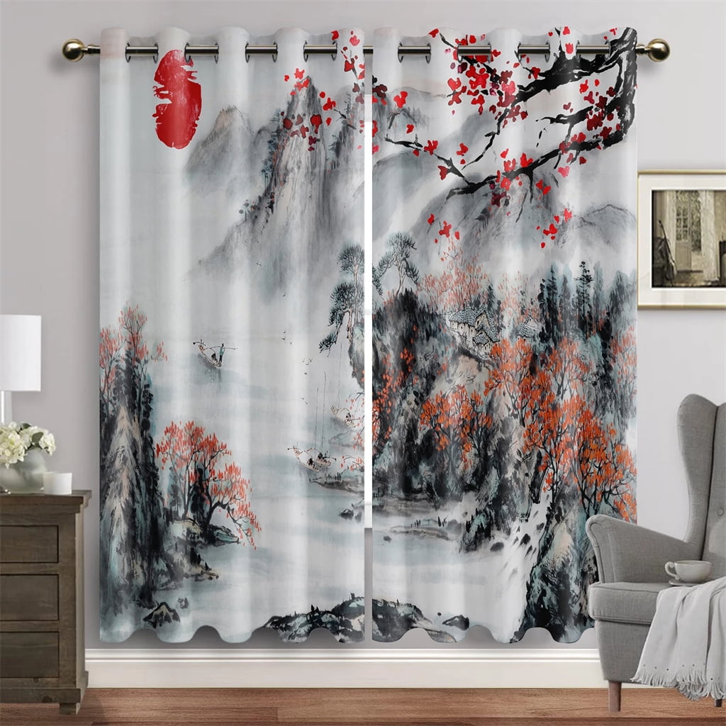 Chinese Traditional Ink Paint Landscape Window Curtain Blinds For ...