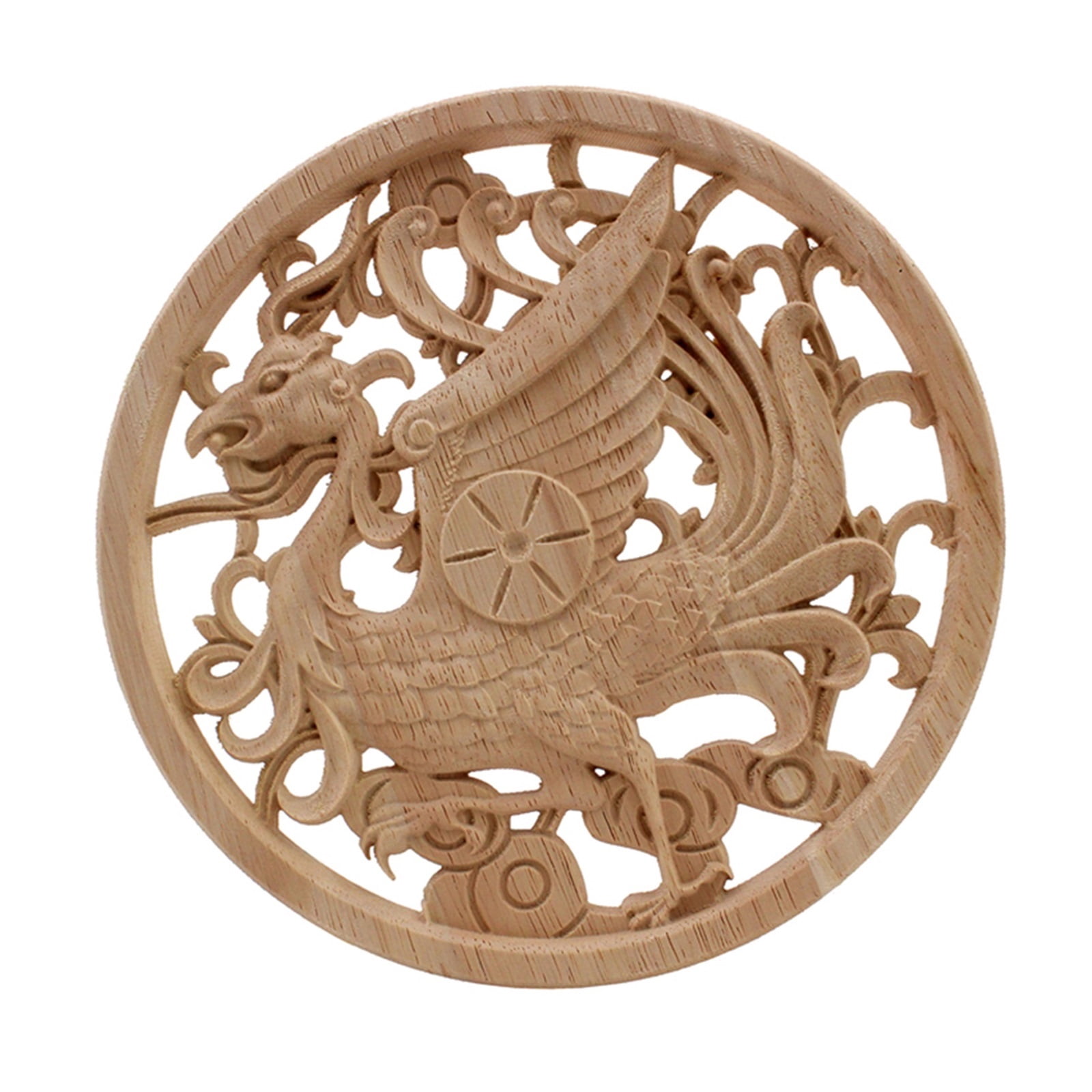 Chinese Vermilion Bird Wooden Carved Onlay Appliques Round Wood Craft ...