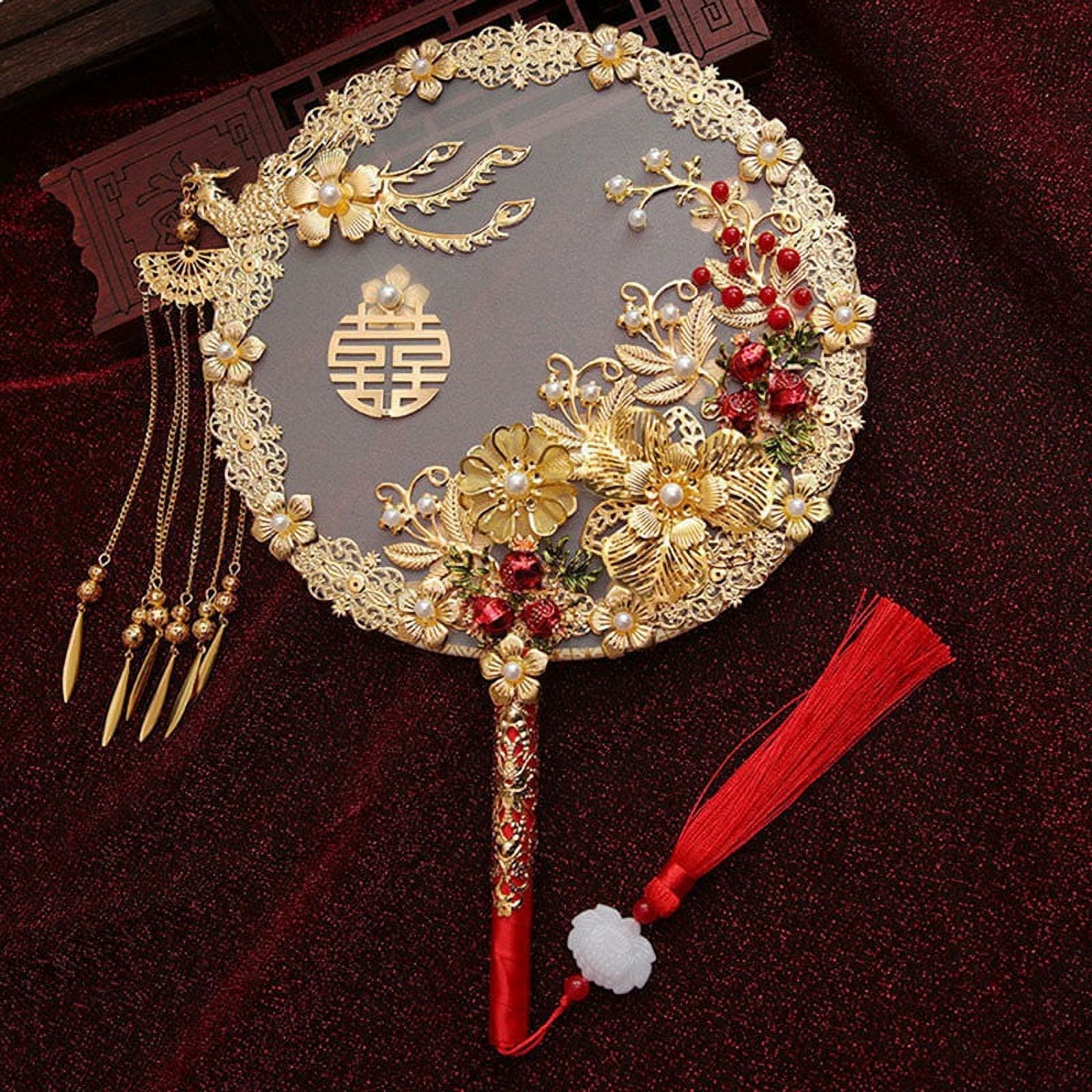 Chinese Vintage Round Fans, Phoenix Shaped Alloy Fan, Gold Flower Hand ...