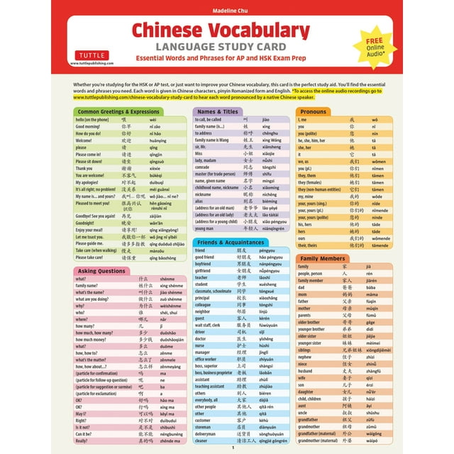 Chinese Vocabulary Language Study Card: Essential Words and Phrases for ...