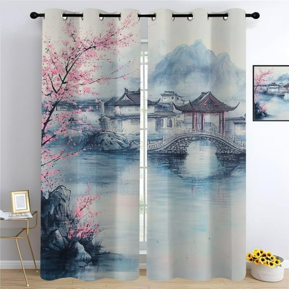 Chinese Water Town Blackout Curtains With Cherry Blossom & Stone Bridge ...